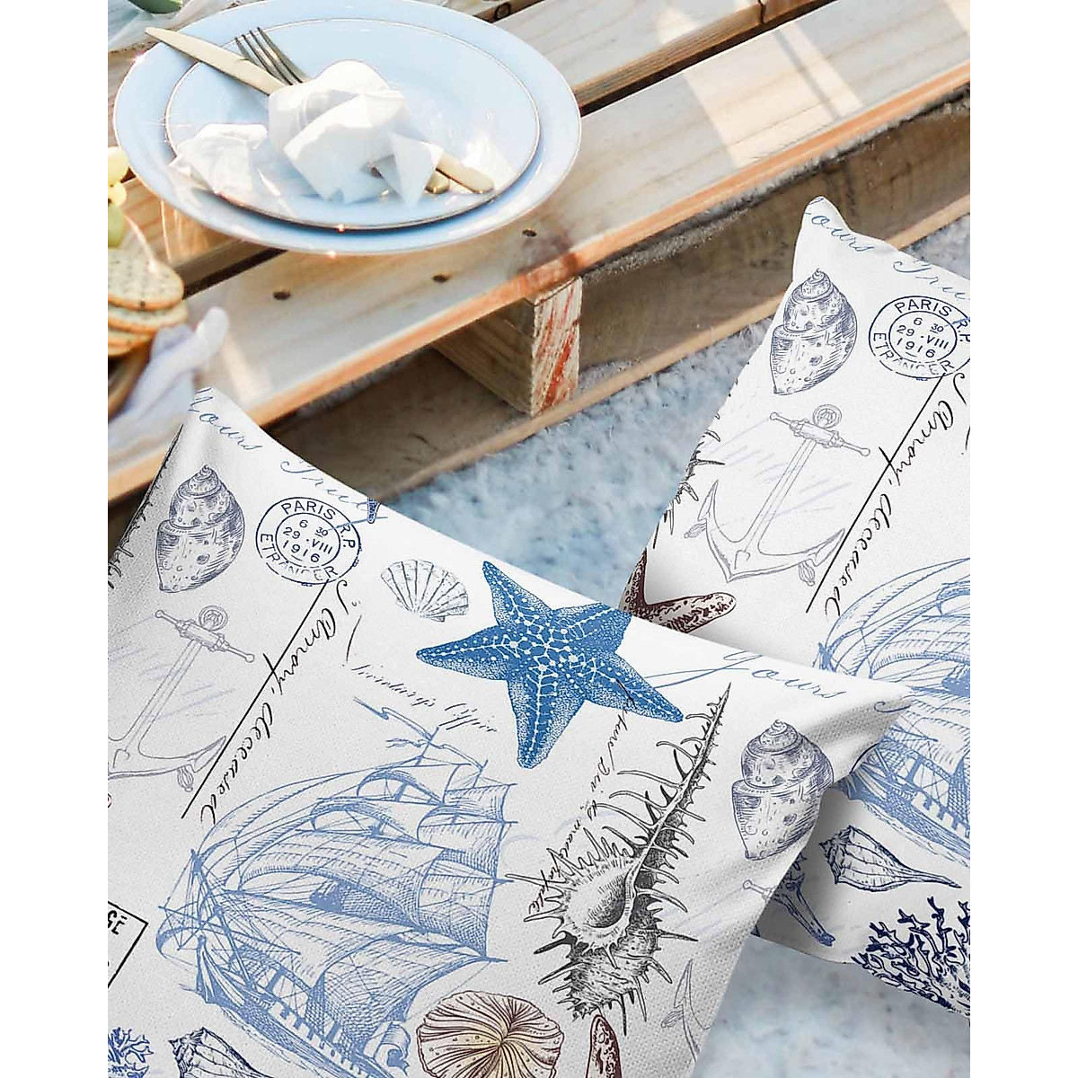 Outdoor Waterproof Pillow Covers Set of 2, Nautical Theme Marine Sail Boat Beach Starfish Shell Seashell Patio Throw Pillow Covers, Decorative Cushion Case for Couch Sofa Furniture Garden, 20x20 Inch