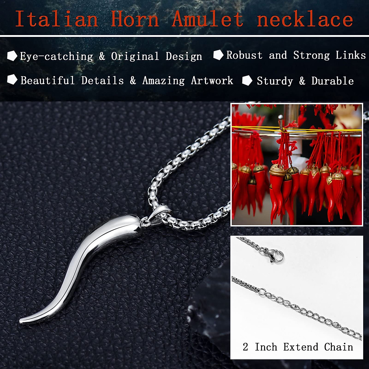 Italian Horn Necklace 925 Sterling Silver Lucky Chili Pendant Italian Amulet Jewelry Silver Italian Horn Charm Protection Cornicello Gift for Men Women Father’s Day