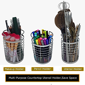 BESSKON Kitchen Utensil Holder for Countertop, 4 Compartment Stainless Steel Cooking Utensils Holder for Spatula, Spoon and Fork, Cutlery Silverware Caddy Party Picnic Flatware Holder 4.1" x 6.2"