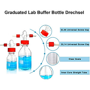 ALWSCI Lab Gas Washing Bottle Glass 500mL Graduated Lab Buffer Bottle, Drechsel Head GL45 with Filter disc Adjustable Immersion, 2 threads GL14 PBT Red Screw Cap, 1set