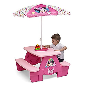 Delta Children 4 Seat Activity Picnic Table with Umbrella and Lego Compatible Tabletop, Minnie Mouse, 32.5 in x 34.25 in x 53.5 in