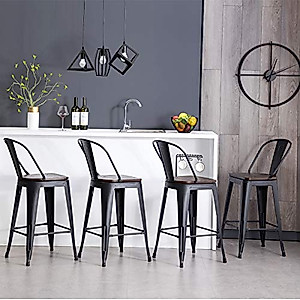 HAOBO Home 24" High Back Barstools Metal Stool with Wooden Seat [Set of 4] Counter Height Bar Stools, Matte Black