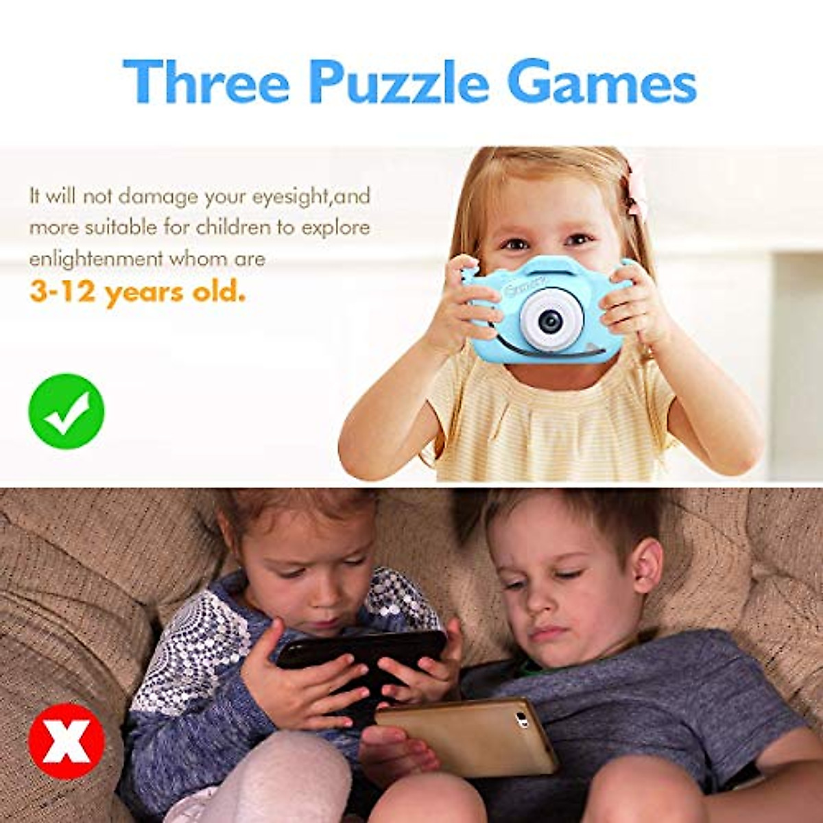 Kids Camera, Christmas Birthday Festival Gifts for Girls or Boys Aged 3-12 Years Old, Kids Digital Camera for Kids Selfie with Video, HD Digital Video Camera Toys for Girls with 32GB SD Card (Blue)