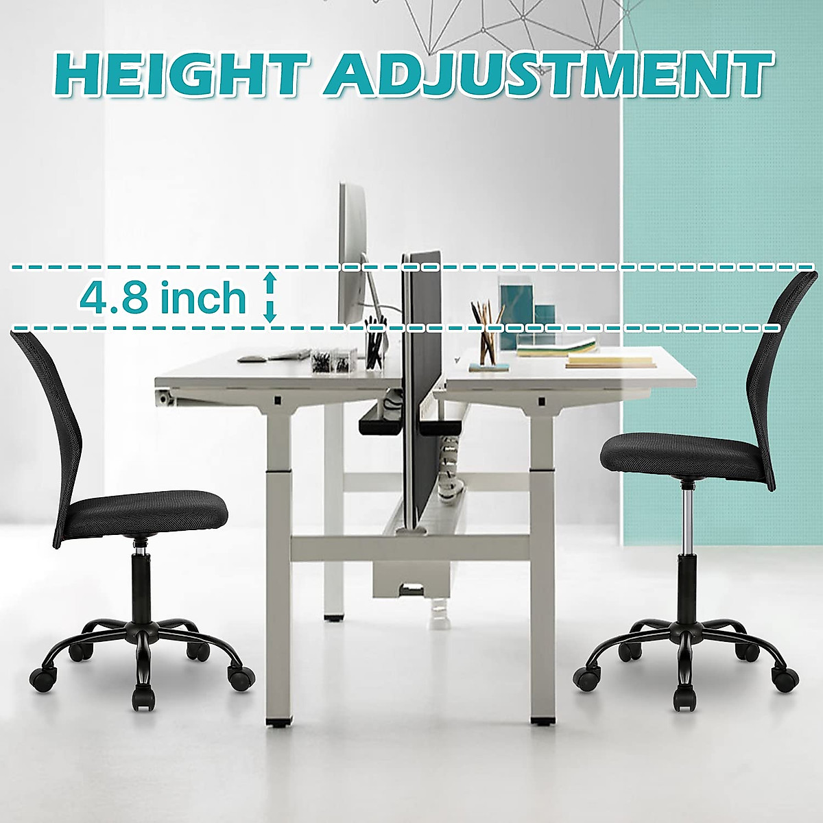 Home Office Chairs Small Desk Chair Armless Computer Chairs with Wheels Task Office Chair Kids Desk Stool Sewing Chair No Arms Swivel Rolling Chairs for Teens Adults, Black