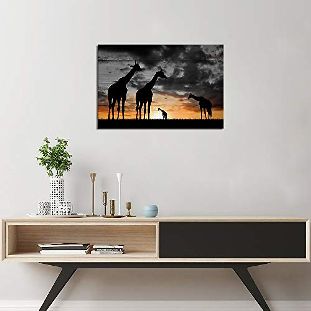 SkenoArt Giraffes Canvas Wall Art Africa Golden Sunset Landscape Poster Animal Family Picture Prints Black and White Poster Wall Decoration for Home Living Room Bedroom Bathroom Decor 16"x24"
