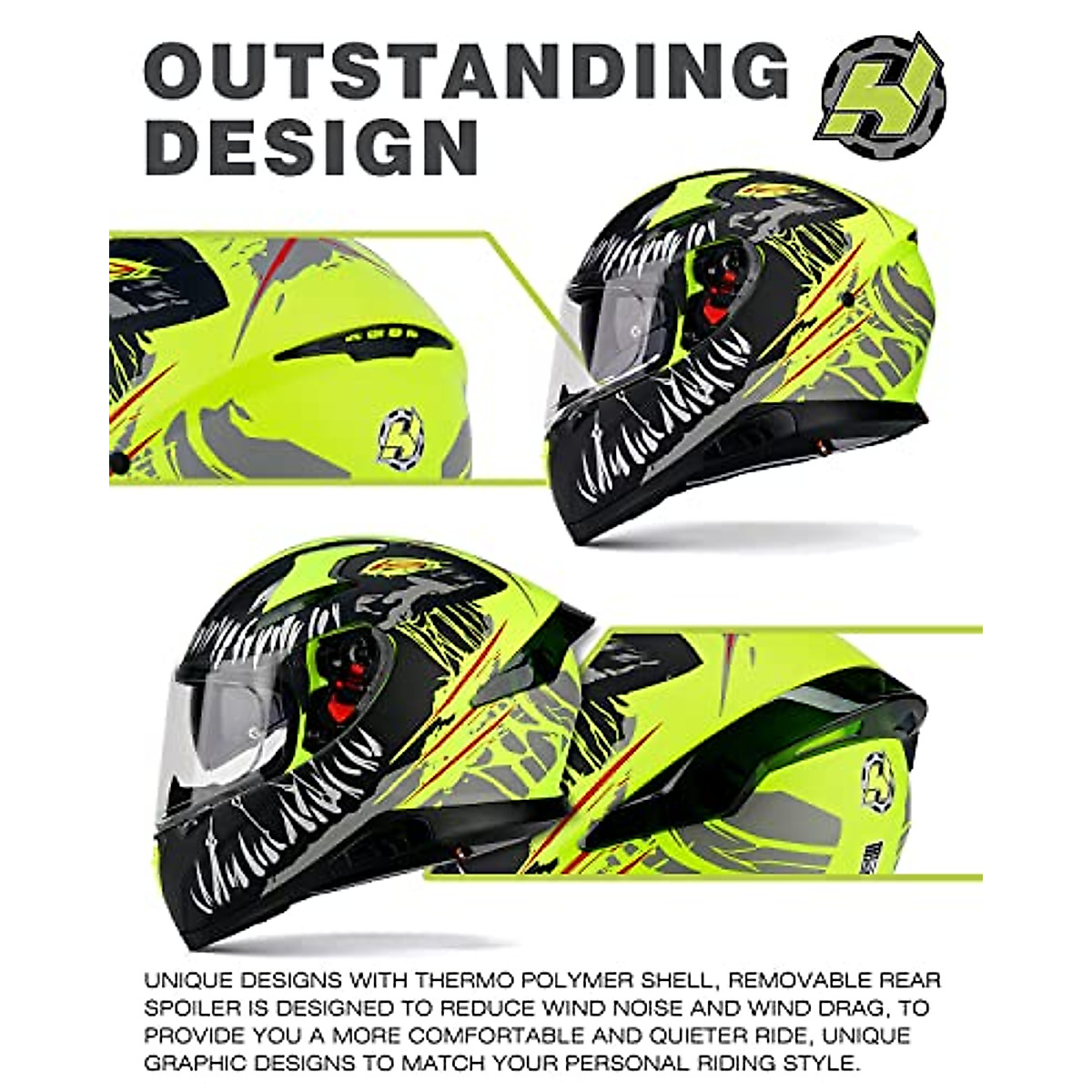 HAX Full Face Motorcycle DOT Approved Helmet with Dual Rear Wing and Pinlock Ready - Lightweight and Durable Motorbike Street Bike Helmet for Adults (Impulse Devour Yellow,S)