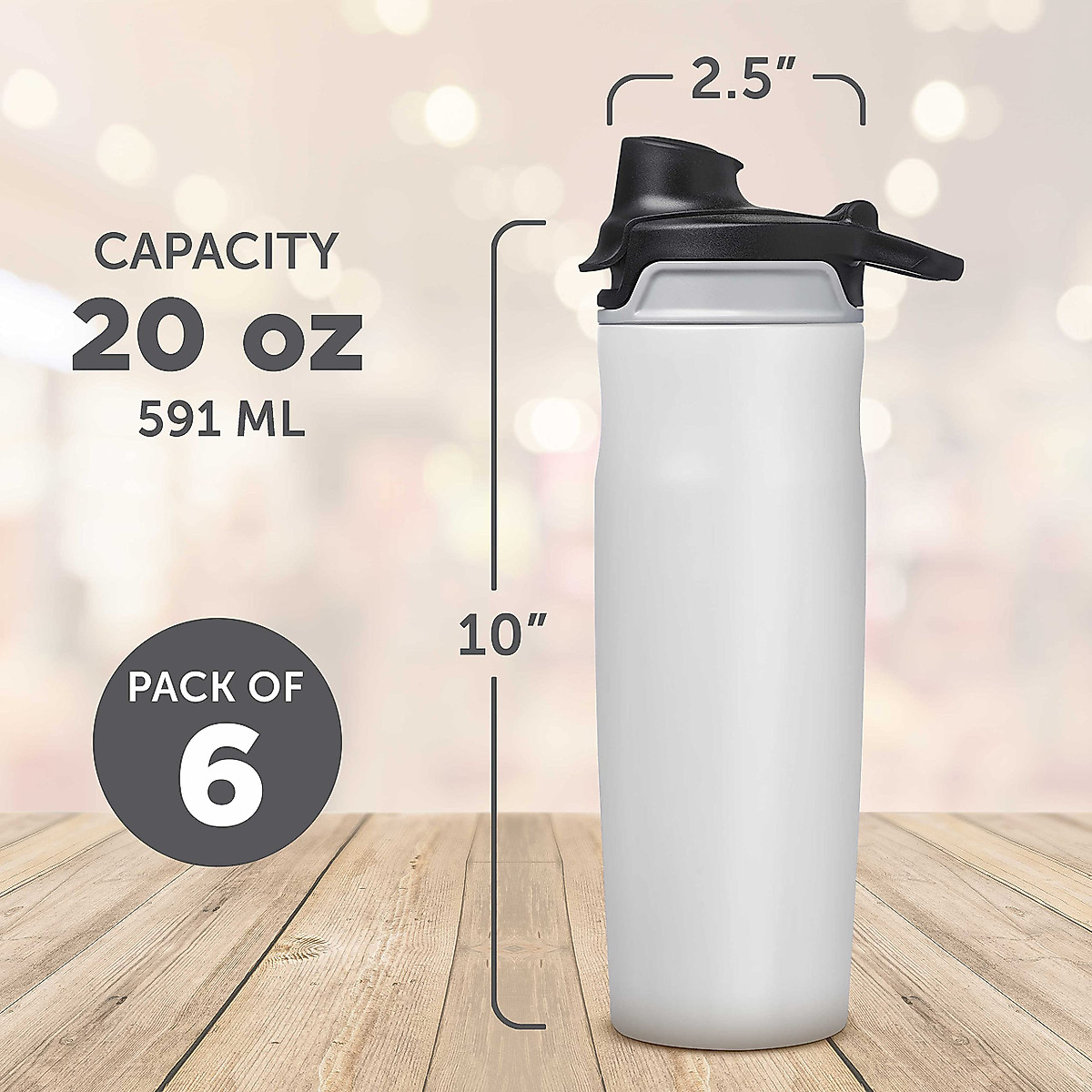 DISCOUNT PROMOS Juno Water Bottles with Flip Lid 20 oz. Set of 6, Bulk Pack - Reusable, Great for Gym, Hiking, Cycling and for School - White
