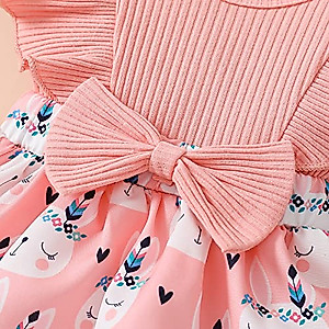 Tsnbre Easter Outfit Baby Girl Romper Fly Sleeve Ribbed Romper with Bunny Print Skirt 0 3 6 12 18 Newborn Clothes (Pink , 12-18 Months )