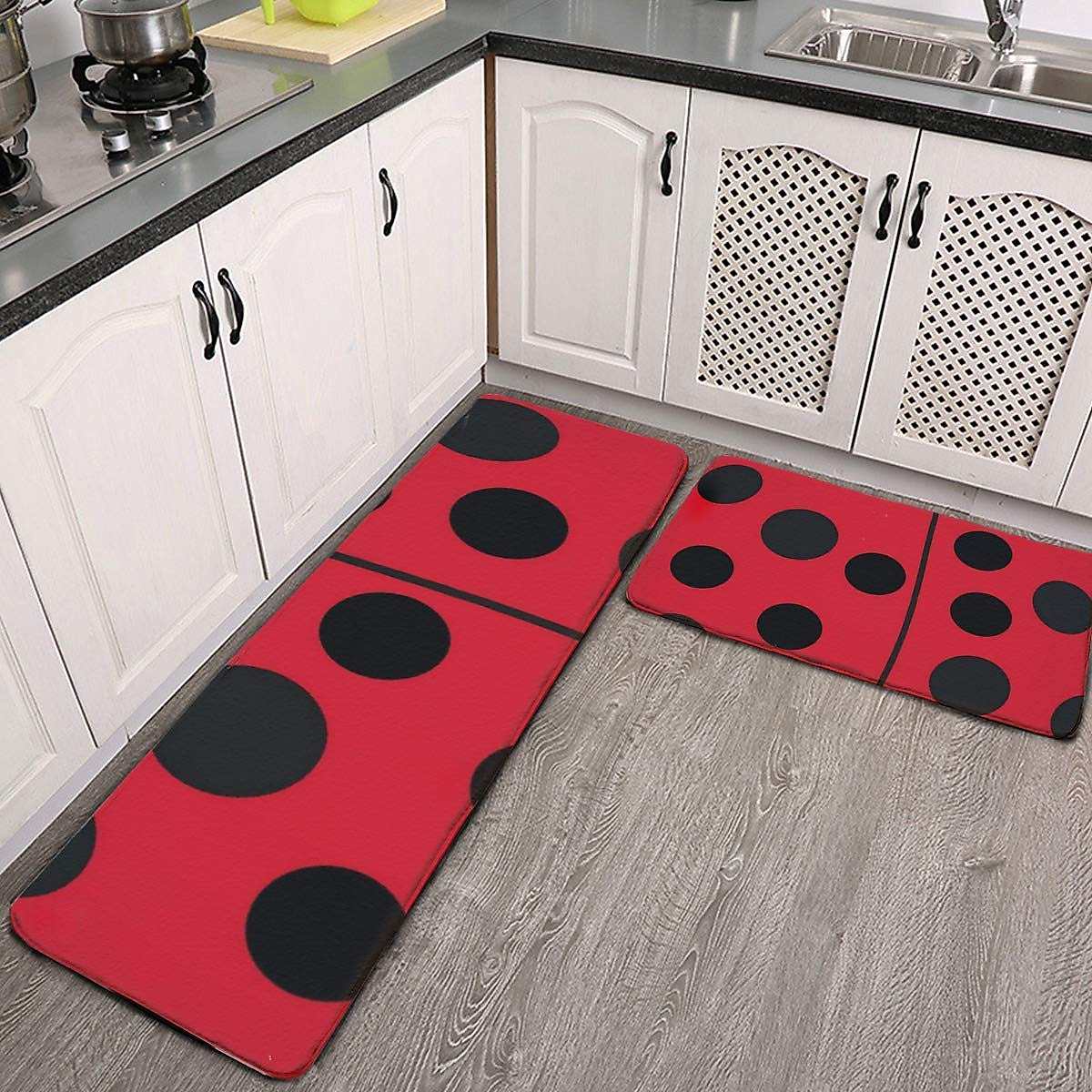 2 Pcs Kitchen Rug Set, Lady Bug Red and Black Non-Slip Kitchen Mats and Rugs Soft Flannel Non-Slip Area Runner Rugs Washable Durable Doormat Carpet