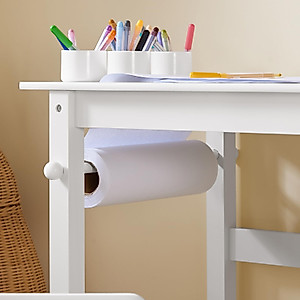 Haotian 2 in 1 Kid's Table and Chair Set, Art Table with Paper Roller, Paint Cups and Storage Shelves, Painting Table Set for Arts, Crafts and Writing, White, KMB60-W
