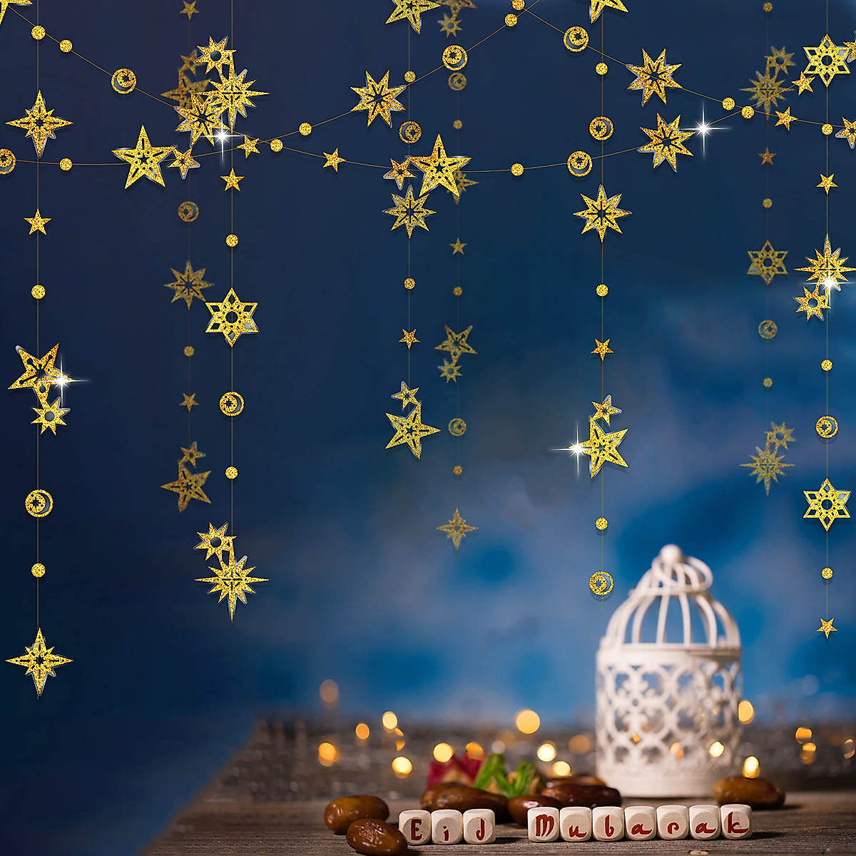 Cheerland Glitter Gold Star Garland Star Party Decorations Starry Banner Backdrop Hanging Stars Moon and Stars Garland Birthday Decorations Gold Party Decor Ramadan EID New Year Graduation Streamer