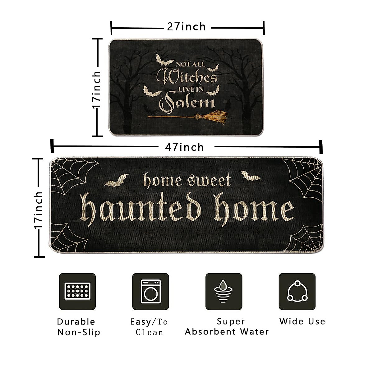 GAGEC Halloween Kitchen Mat Set of 2, No All Witch Live in Salem Kitchen Rug, Bat Broom Halloween Farmhouse Party Floor Mat for Home Kitchen Decorations - 17x27 and 17x47 Inch