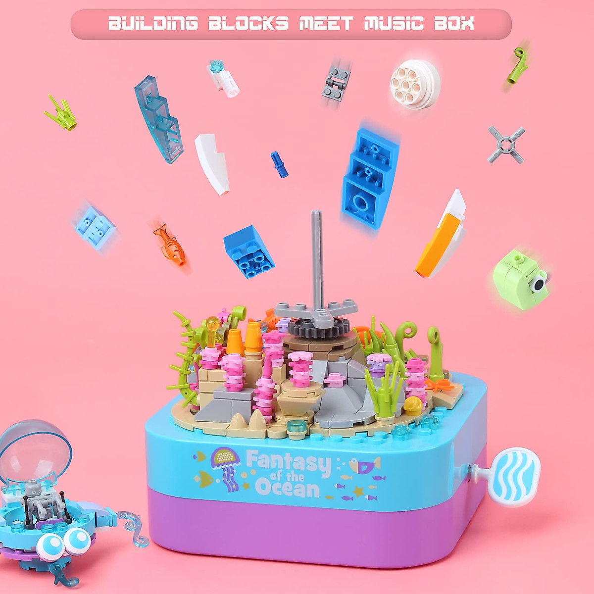 BUILPLAY Building Blocks Music Box for Kids Rotating Ocean Model Building Kits STEM Educational Toys & Gifts for Boys and Girls 8+ Years Old