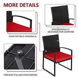 J-SUN-7 5-Piece Patio Furniture Set, Outdoor Wicker Rattan Conversation Set with Ottoman & Glass Coffee Table,for Garden,Patio,Balcony,Beach,Red