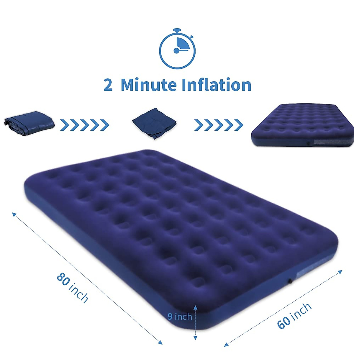 Queen Size Air Mattress Double Air Bed - Foldable Blow Up Mattresses with Flocked top - Portable Inflatable Beds with Patch Kit for Backpacking Tent Camping/Home/Traveling (80"*60")