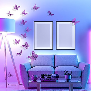 Rumhut Butterfly Decorations Dragonfly Wall Stickers, 48 Pcs Metal Wall Art for Bedroom Living Room (Purple)