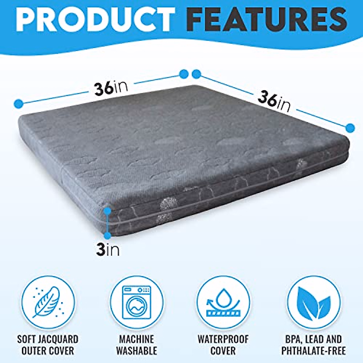 Sleepah Square Pack and Play Mattress 3" Waterproof Memory Foam Playard Portable Playpen Mattress Topper w Removable Cover Compatible with Joovy Room 2 Delta Children Century Thick Dual Sided 36”x36”