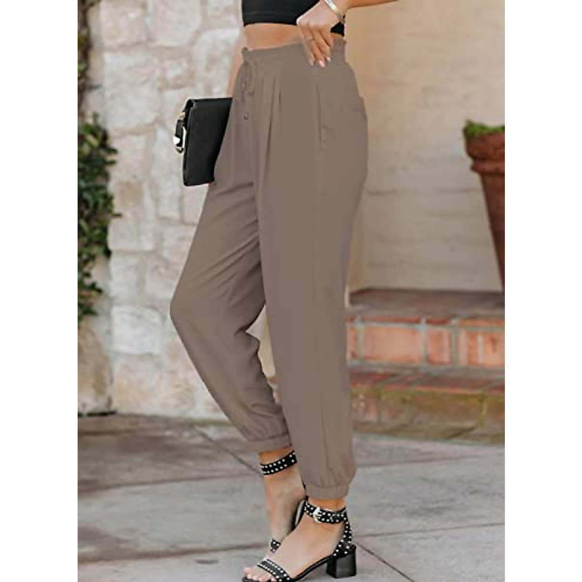 Dokotoo Joggers for Women Pajama Linen Pants for Women 2023 Spring Summer Comfy Soft High Waisted Teacher Pants with Pockets Satin Womens Dress Pants Khaki