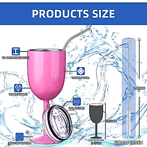 Stemmed Stainless Steel Wine Glasses with Lid Double Wall Insulated Wine Tumbler Unbreakable Goblets Wine Glasses with Drinking Straw and Straw Brush, 10 oz (Pink, Purple, Light Blue,3 Pieces)