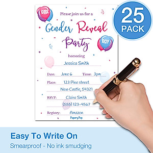 Set of 25 Gender Reveal Party Invitations with Envelopes, Diaper Raffle Tickets and Baby Shower Book Request Cards