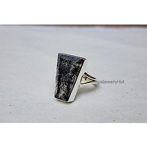 Black Rutile Ring for Women, 925 Sterling Silver Ring, Rutilated Quartz Gemstone Ring, Gift for Her, All US Ring Size (8)