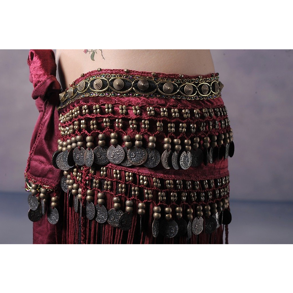 ZLTdream Women's Belly Dance Tribal Hip Scarf with Fringe Coins Flannel Dark Red, One Size