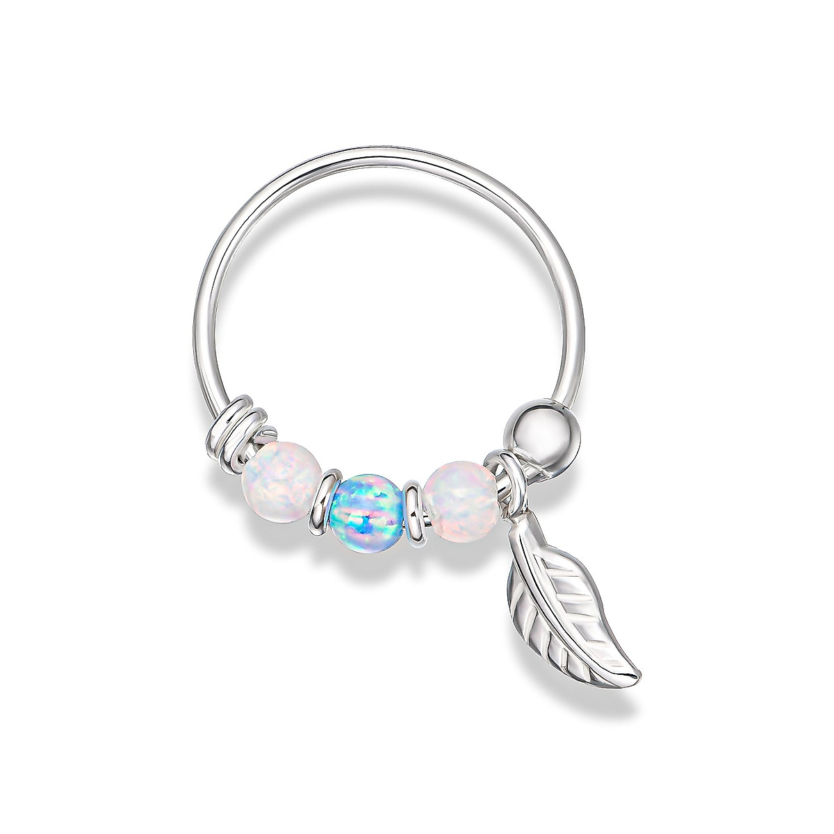 Handmade Silver Single 10MM Cartilgae Helix Piercing Hoop Earring with Trio White & Blue Opal & Tiny Leaf, 925 Sterling Silver Very Small 10MM Thin 22 Gauge Hoop for women, By Miya Jewelry