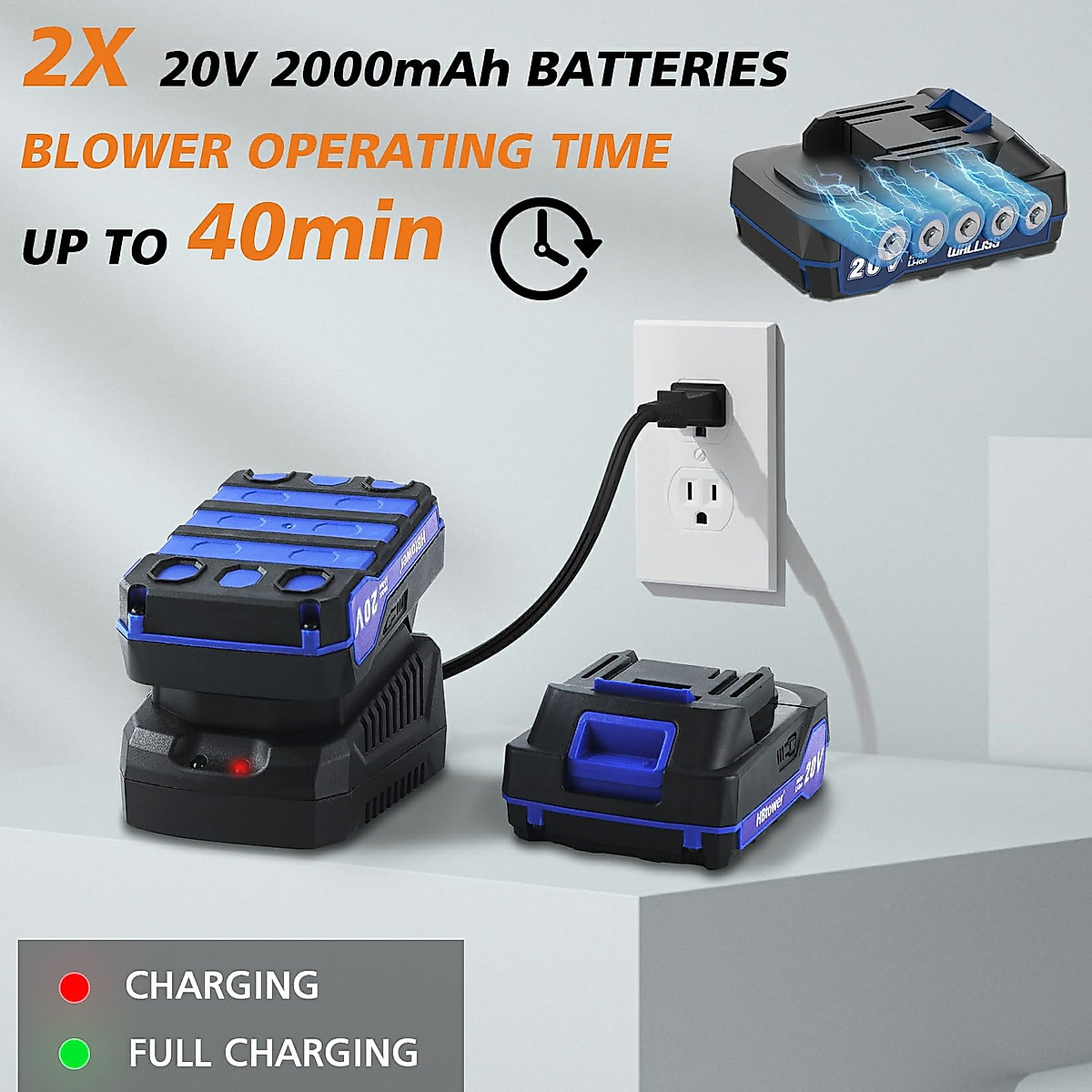 HBTower Leaf Blower Cordless, 400CFM 90MPH Handheld Electric Cordless Leaf Blower with 2x2.0AhBatteries and Charger, for Lawn Care, Yard, Grass, Patio, Blowing Leaves and Snow, ZP-0202