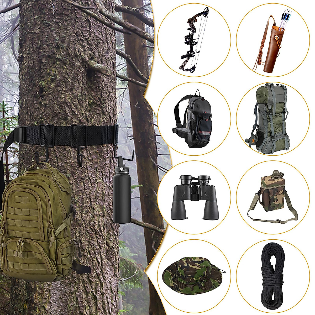 YUNVI 2 Pack Treestands Strap Gear Hangers with 12 Hooks,Hunting Tree Stand Bow & Gear Hanger,Saddle Hunting and Gear Equipment Hanger,Tree Stand Accessories Strap for Bow Arrows Bag