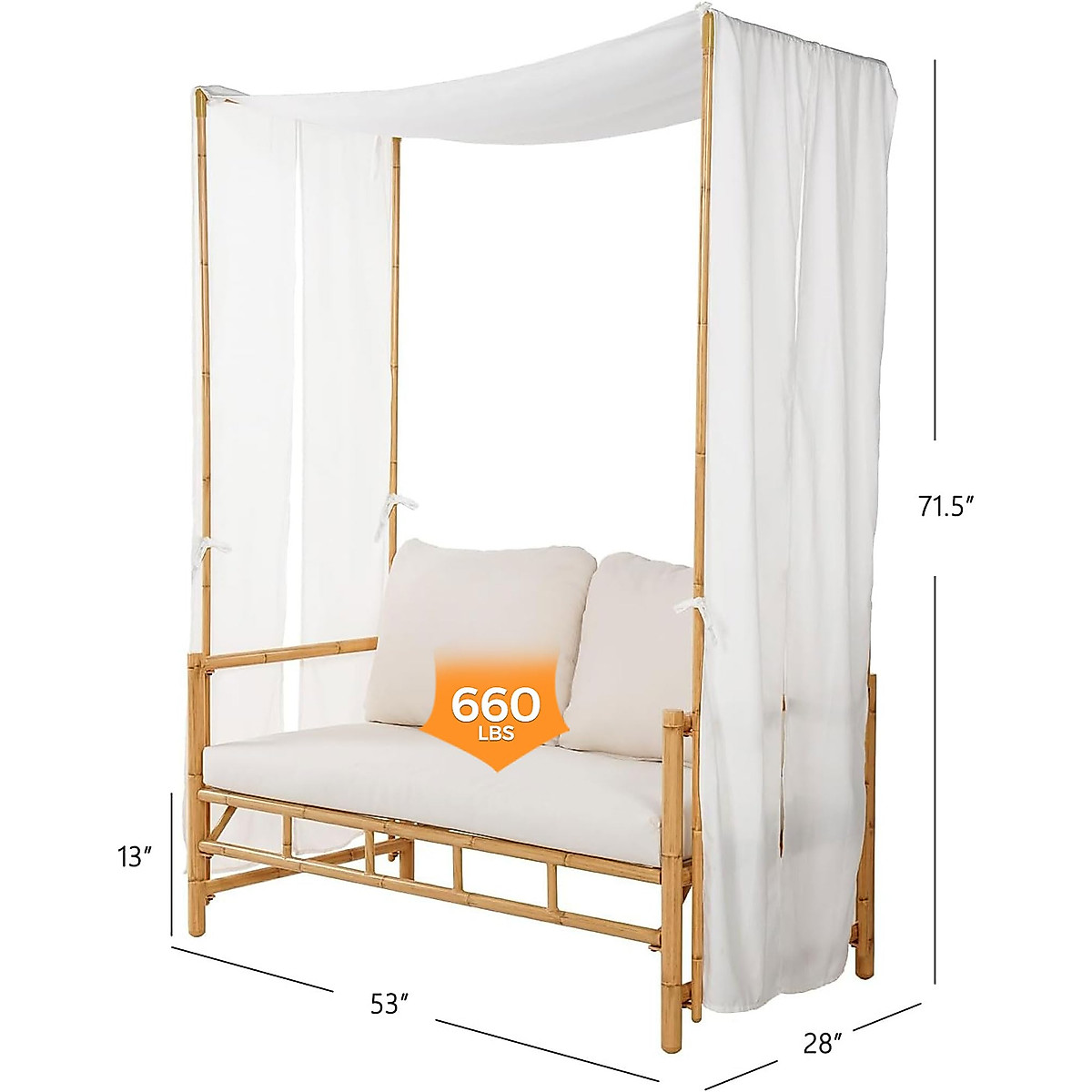 Grand patio Outdoor Loveseat with Canopy, Metal Patio Loveseat Sofa with Thick Cushion, Tropical-style Patio Furniture Featuring Imitation Bamboo Finish, White