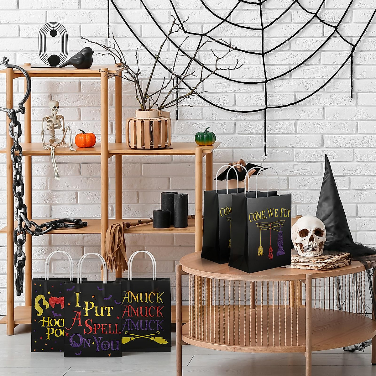 24 Pieces Halloween Small Gift Bags with Handles Hocus Pocus Theme Halloween Kraft Paper Party Favor Bags Witch Goodie Bags with Handles for Halloween, Birthday, Crafts, Party Supplies
