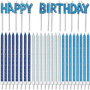 Happy Birthday Cake Topper Letters with Long Thin Glitter Candles in Holders (37 Pack)