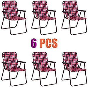 Giantex Beach Chairs Set of 6, Patio Folding Lawn Chairs for Adults, Outdoor Webbing Chair w/Steel Frame, Lightweight & Portable Camping Chairs for Fishing, Yard, Garden, Poolside Webbed Chairs, Red