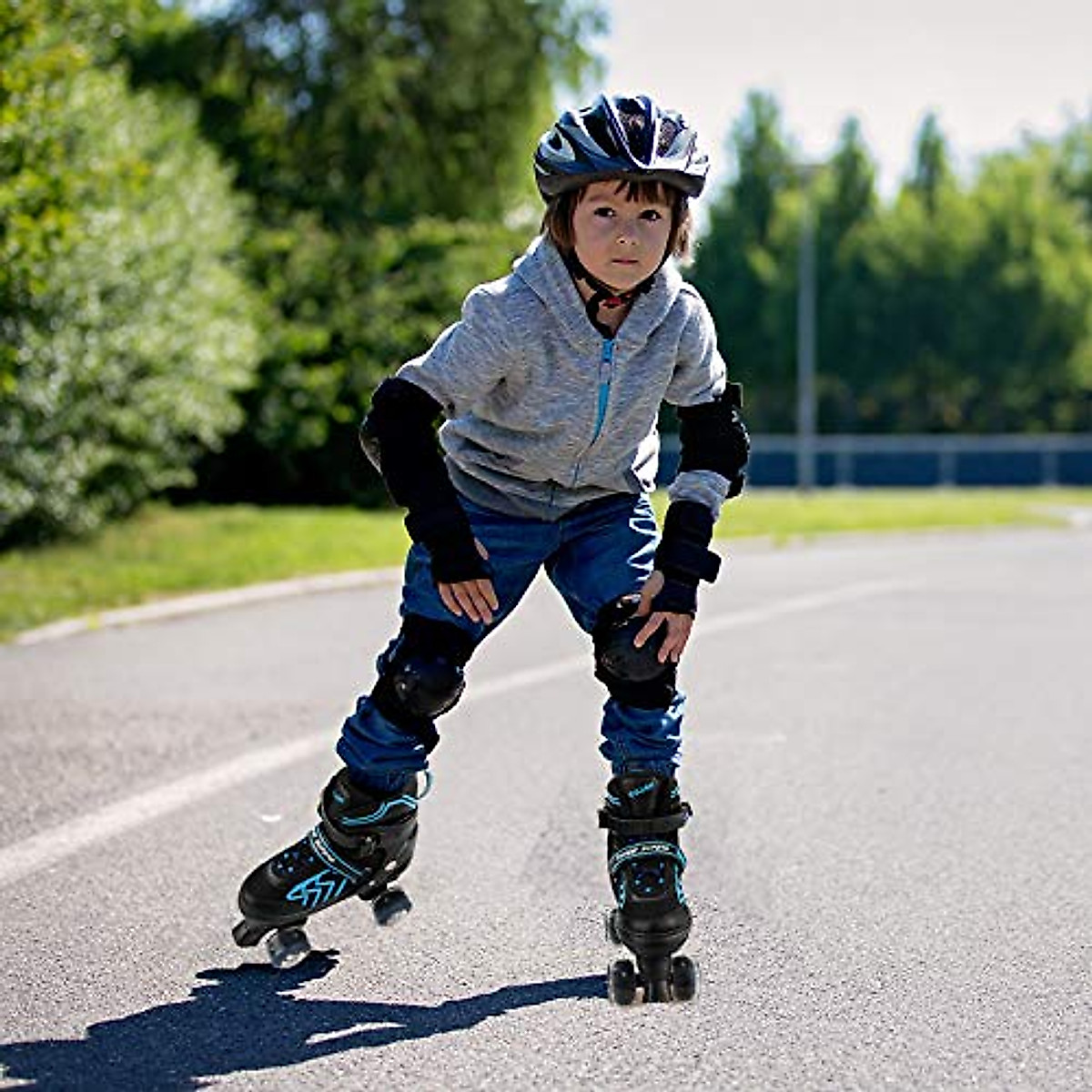 Kids Roller Skates for Boys Adjustable Roller Skates for Boys, Girls with 8 Wheels Lighting for Indoor Outdoor Quad Skates (Black&Blue, Medium - Big Kid)