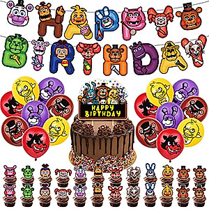Birthday Party Supplies,Five Nights at Freddy Includes Banner, Tablecloth, Cake Topper - 24 Cupcake Toppers - 20 Balloons