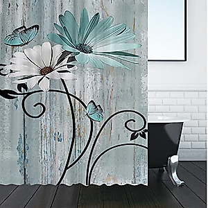 Moukeren 4 Pcs Teal Blue Daisy Butterfly Shower Curtain Set with Non Slip Rugs Toilet Lid Cover and Bath Mat Rustic Farmhouse Shower Curtain Turquoise Shower Curtain with Hooks Sets