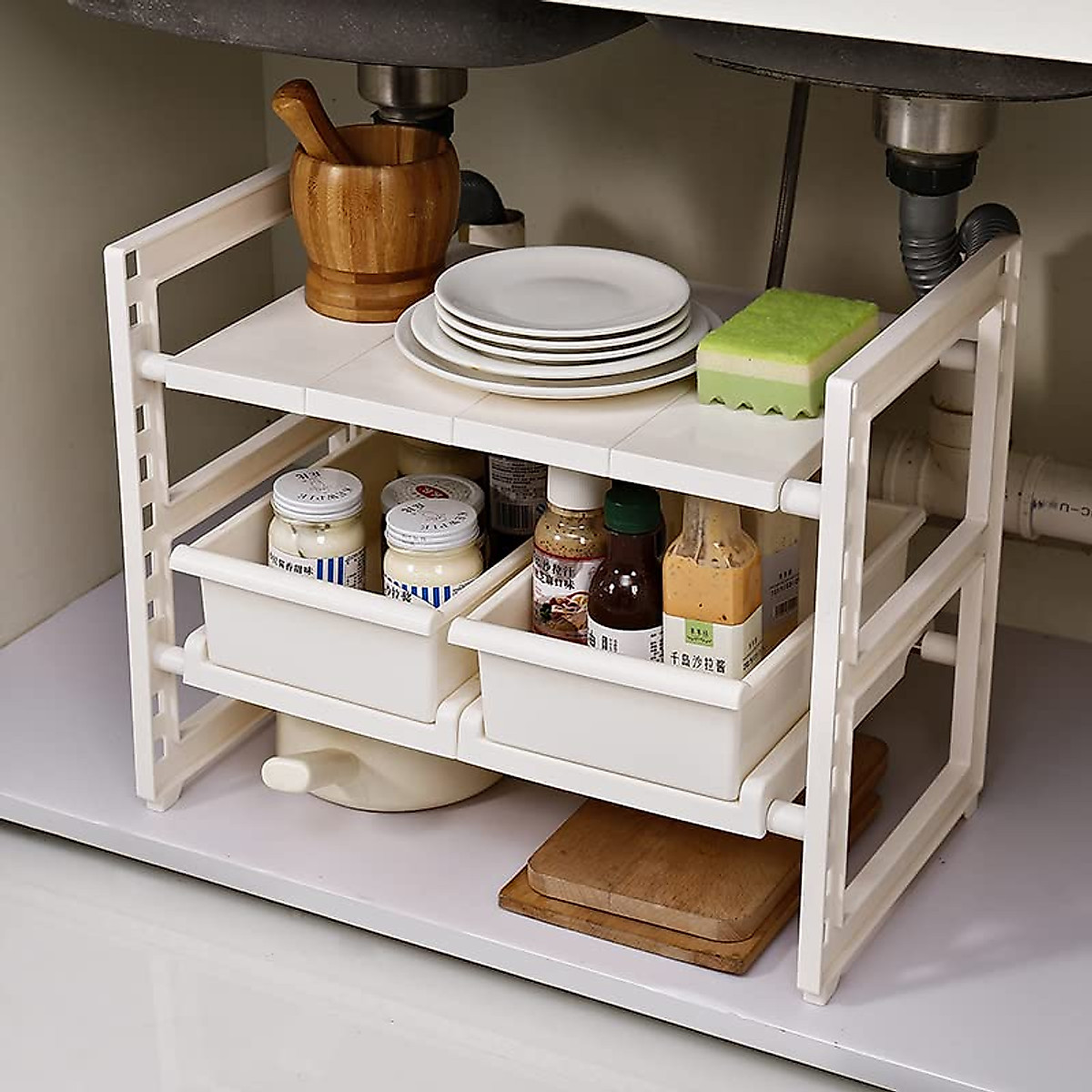 Meonddizio Under Sink Organizers and Storage with Sliding Drawer,Expandable Under Sink 2 Tier (Expand from 22 to 28 inches),2 pack Drawers for Kitchen/Bathroom/Bedroom/Office.