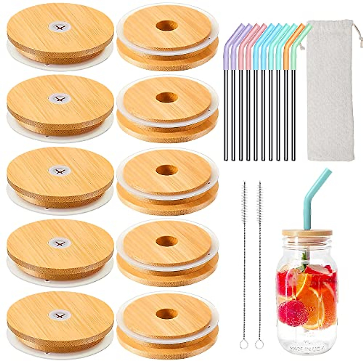 Augosta 10 Pack Bamboo lids for beer can glass, 70 mm Bamboo Mason Jar Lids with Straw Hole Compatible, Free 10 Stainless Steel Straw with Colored silicone plug, 2 Cleaning Brush and Bag for Drinking