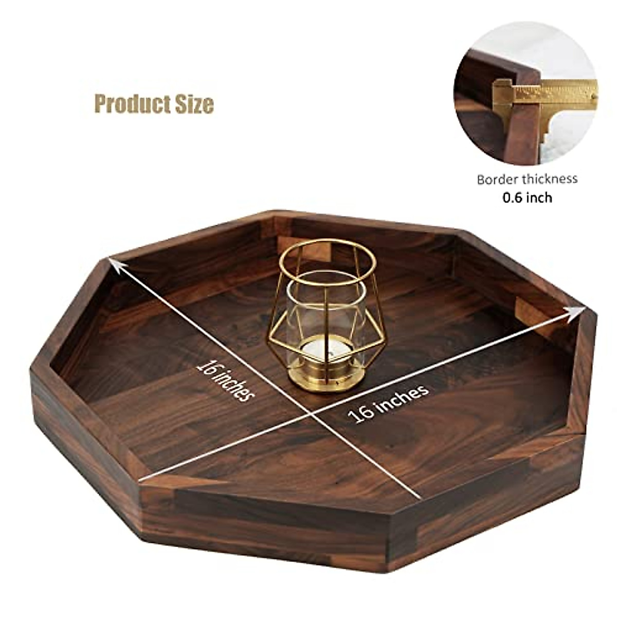 MAGIGO 16 Inches Extra Large Octagonal Black Walnut Wood Ottoman Tray with Handles, Serve Tea, Coffee Classic Wooden Decorative Serving Tray