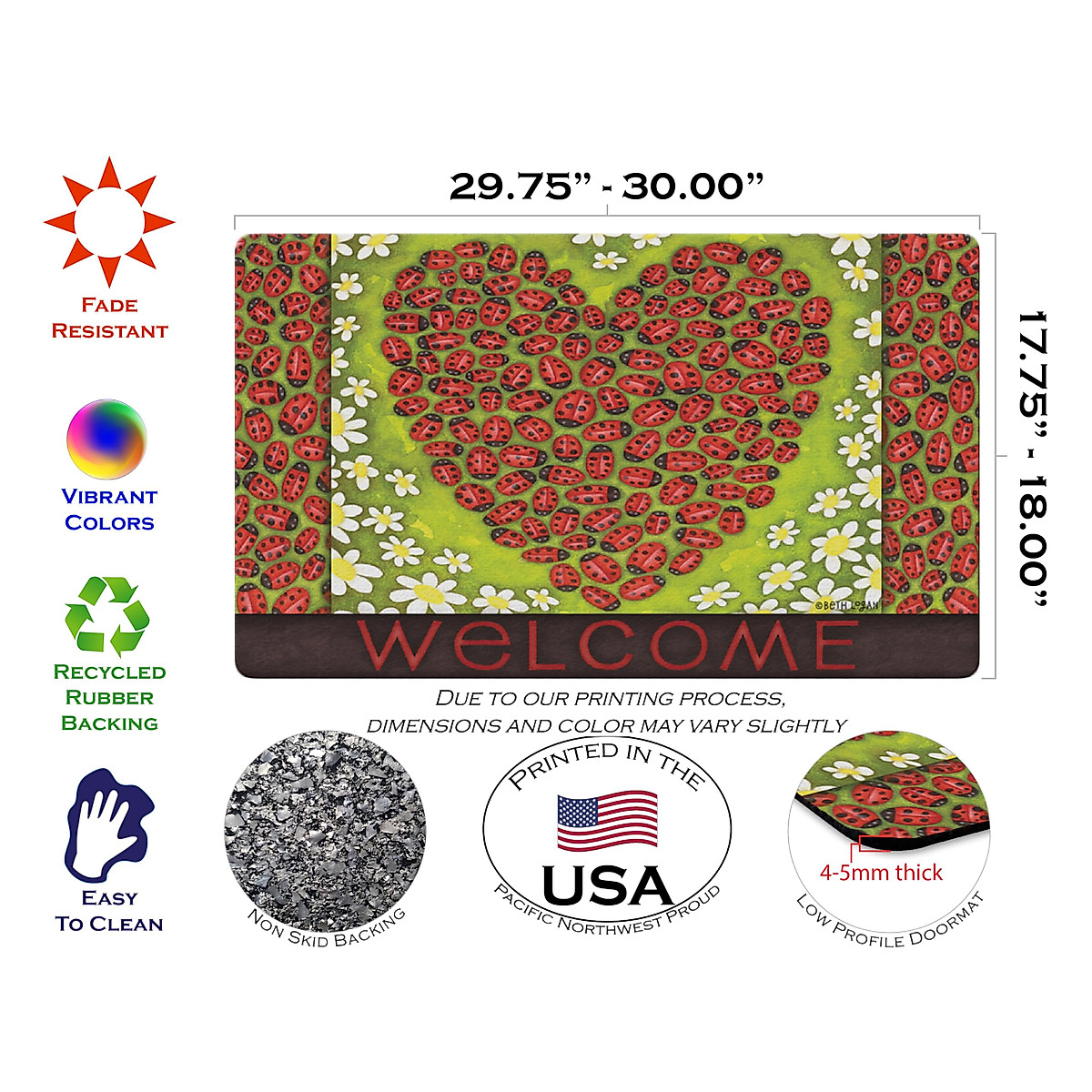 Toland Home Garden 800003 Ladybug Heart Summer Door Mat 18x30 Inch Welcome Outdoor Doormat for Entryway Indoor Entrance