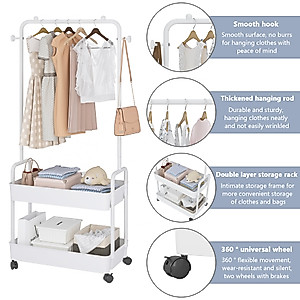 ACCSTORE Metal Clothing Racks, Freestanding Trolley Coat Rack With Wheels,Garment Rack For Storage，Clothes Rack,Heavy Duty Clothing Rack,Garment Racks With 2 Tier Plastics Storage Shelf,White