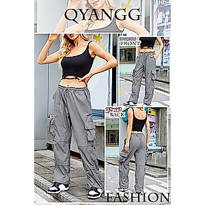 QYANGG Baggy Parachute Pants for Women& Girls Drawstring Elastic Low Waist Ruched Cargo Pants Multiple Pockets Jogger Y2K Grey