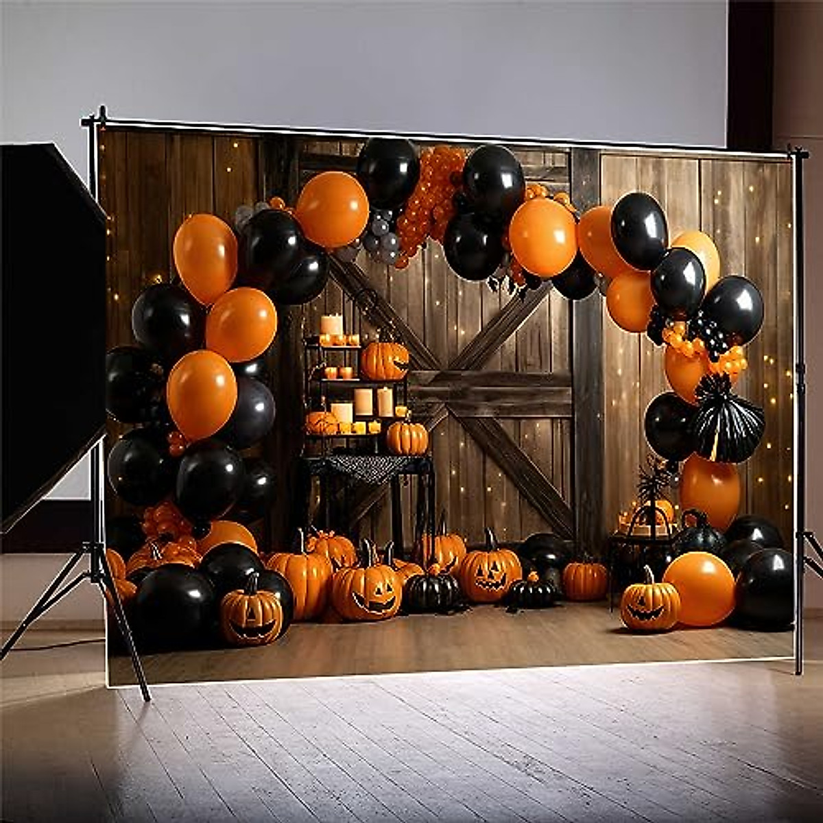 MOONDECO Photography Backdrop 7x5ft Halloween Arch Balloon Jack O Lantern Wood Party Background Kids Candle Light Fire Fly Photo Booth Decorations