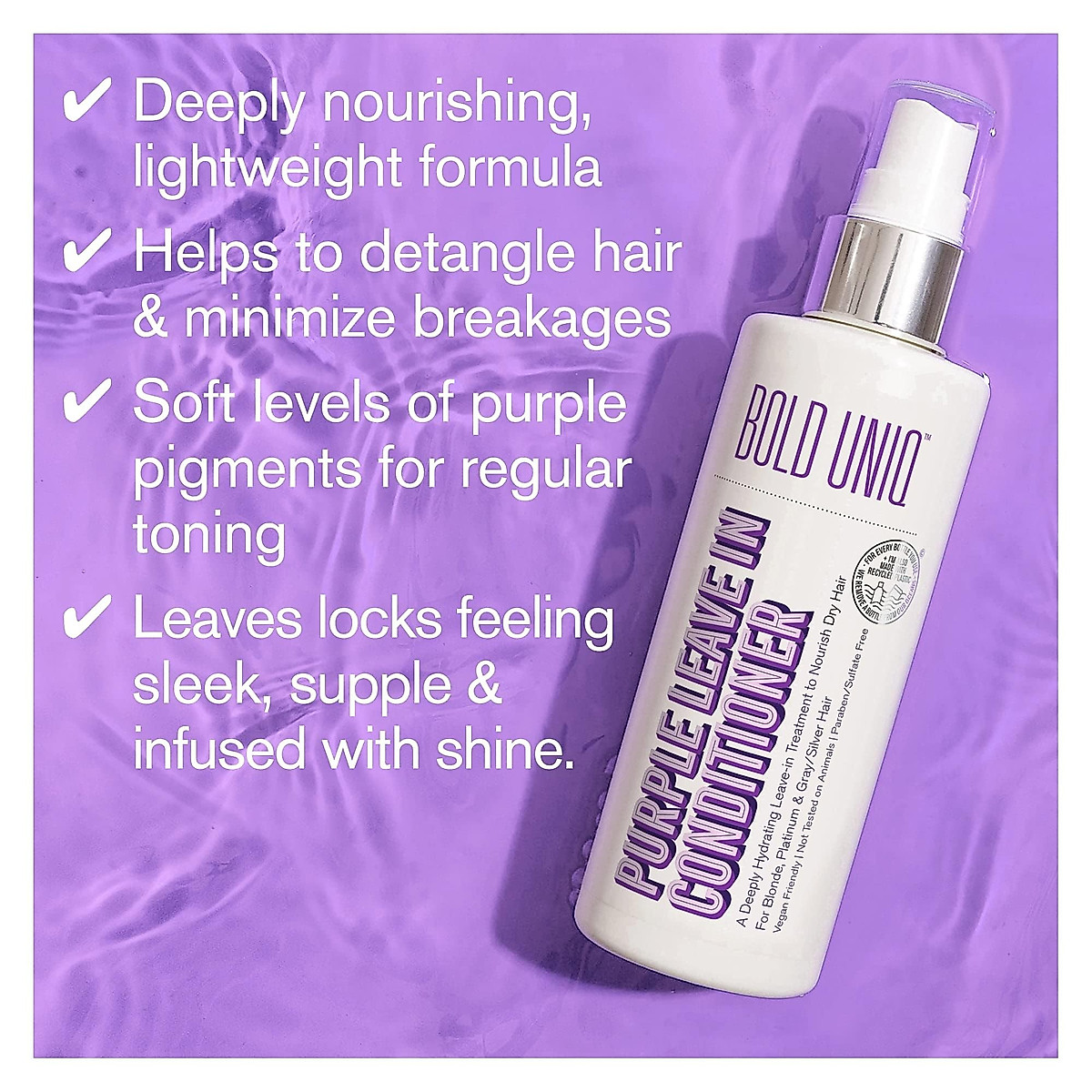 BOLD UNIQ Purple Leave In Conditioner for Dry & Damaged Blonde, Platinum & Gray/Silver Hair. Light Toning, Hydrating & Detangling. Peta-approved, Vegan & Cruelty-Free. Sulfate & Paraben Free.