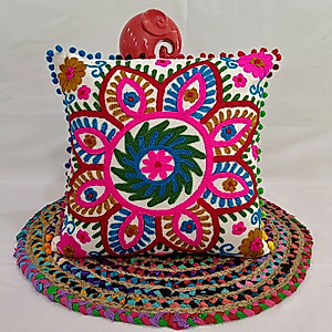 Trade Star 100% Cotton Embroidered Pillow Cover Beautiful Pom Pom Pillow Cover Fall Decor Cushion Cover Decorative Hand Design 16x16 Inches Modern Sofa Throw Pillow Cover for Home Decor