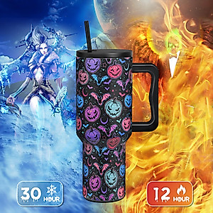 40 oz Halloween Tumbler with Handle, Wicked Pumpkin & Bat Tumblers with Lid and Straw, Double Walled Vacuum Coffee Travel Mug, Keep Cold for 30 Hours, Ideal Gift for Women Men (Black)