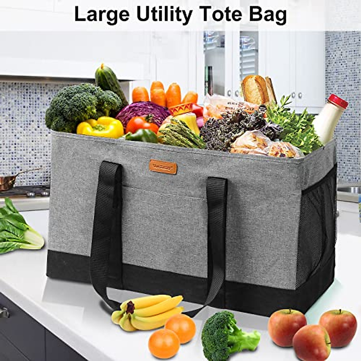 WONDAY Extra Large Utility Tote Bag, Reusable Grocery Bags Foldable, Large Tote Bag With Handles Utility Tote Shopping Bags for Groceries, Storage, Picnic, Beach, Pool, Laundry (Grey)