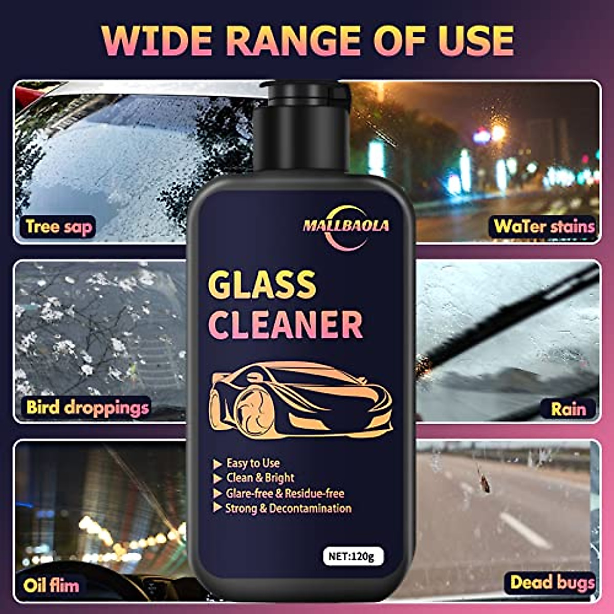 Car Glass Oil Film Cleaner, Car Glass Cleaner with Sponge, Glass Cleaner for Auto and Home Eliminates Oil film, Water Spots, Bird Droppings, Coatings, and More to Polish and Restore Glass to Clear