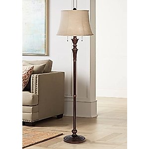 Regency Hill Brooke Traditional Standing Floor Lamp 60" Tall Rich Bronze Copper Accents Metal Column Brown Burlap Modified Bell Shade for Living Room Reading House Family Bedroom Home