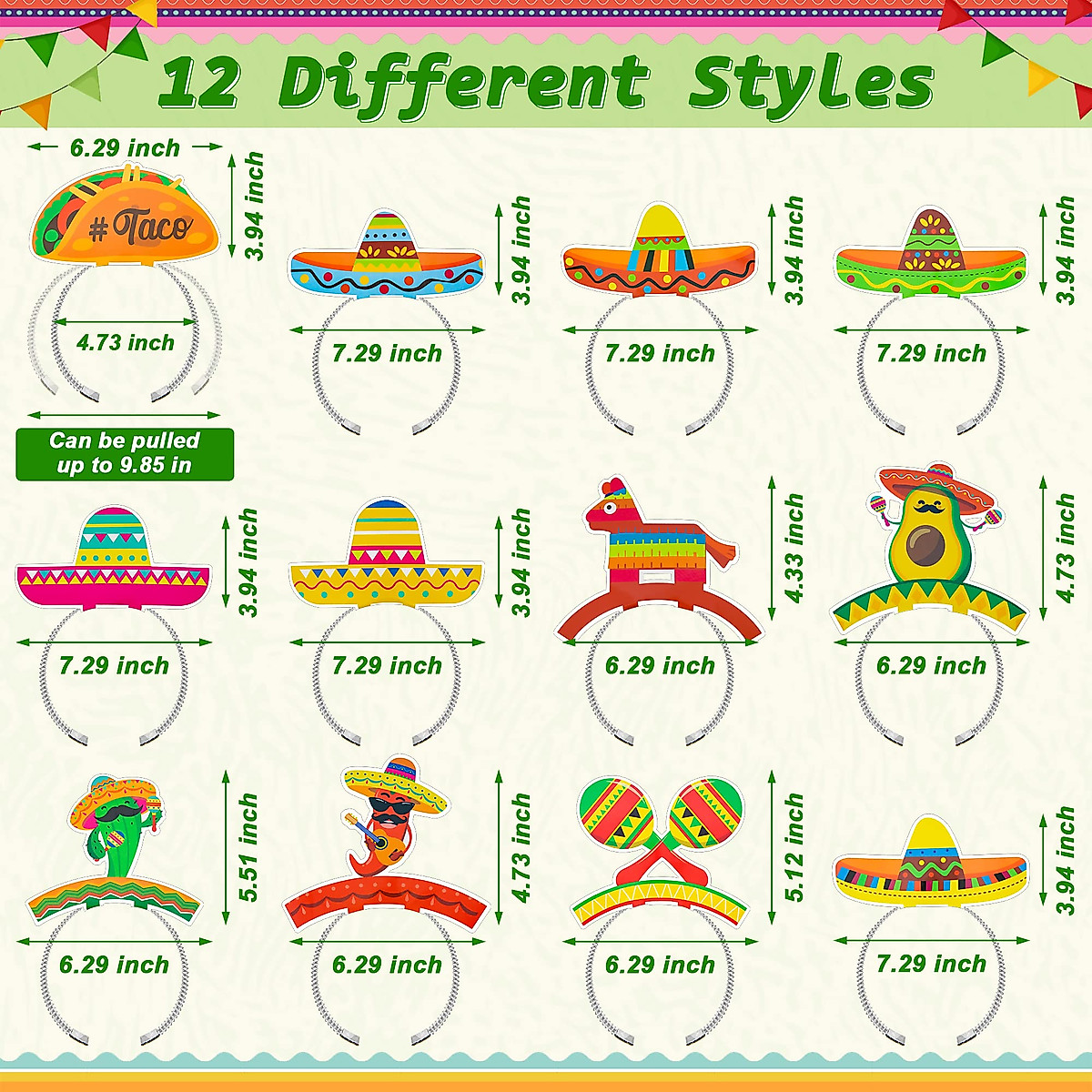 12 PCS Colorful Patterned Cardboard Sombrero Hats, Fiesta Headbands for Mexican Theme Celebration Party Favors